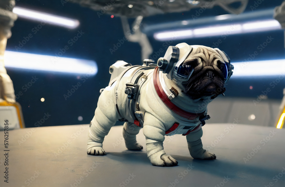 Pug in spacesuit. Portrait of wrinkled dog in cosmic outfit in space ...