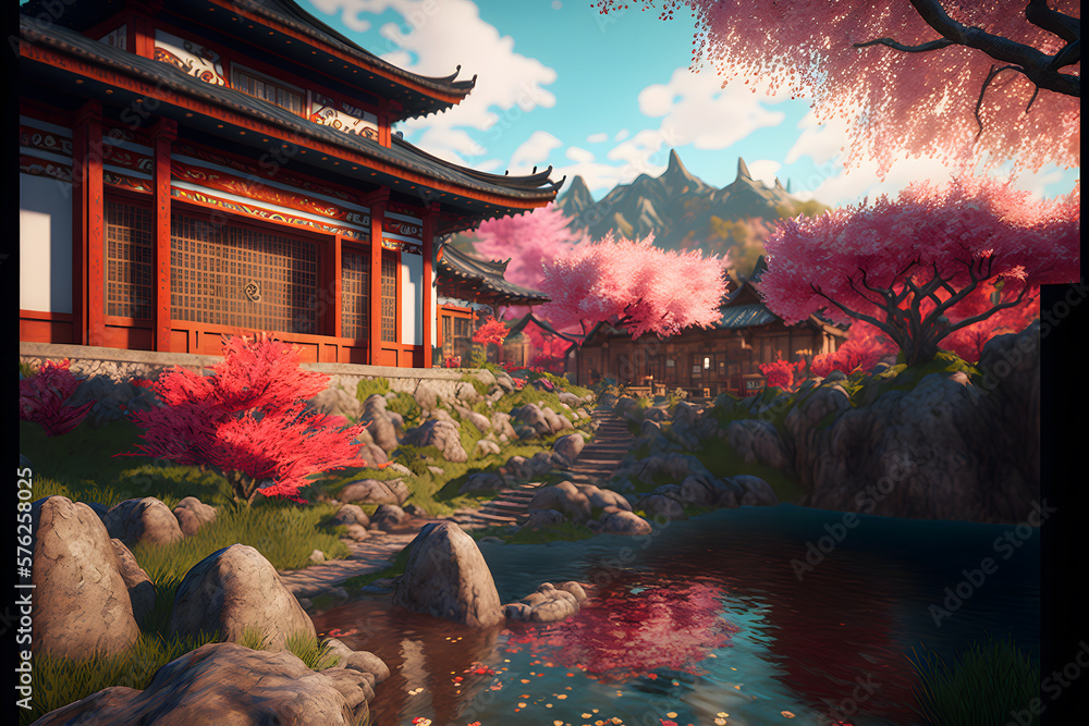 Oriental landscape with japanese traditional building close to river ...