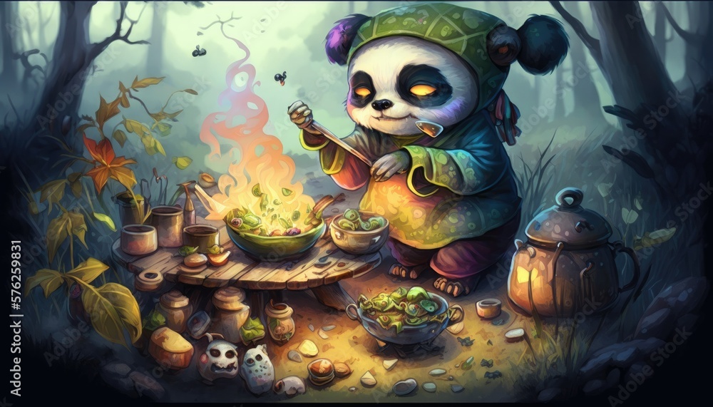 Cute little rabbit troll preparing a meal for her forest friends ...
