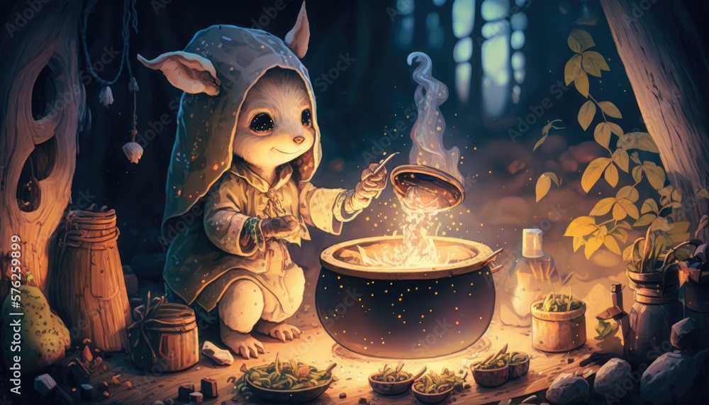 Cute little rabbit troll preparing a meal for her forest friends ...