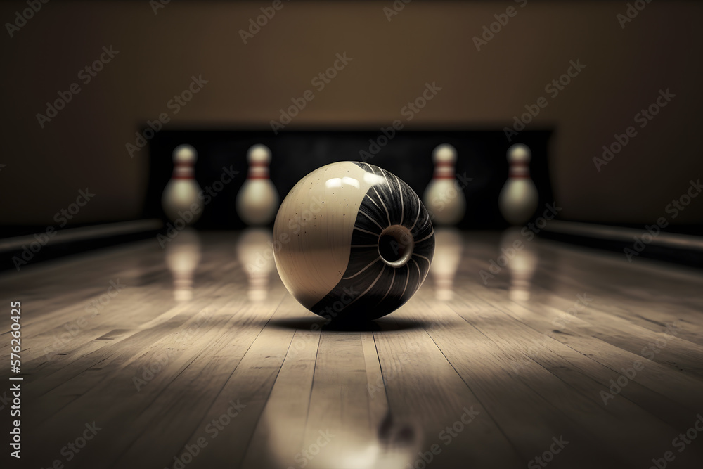 Bowling ball lies on lane start position for bowling game in club ...