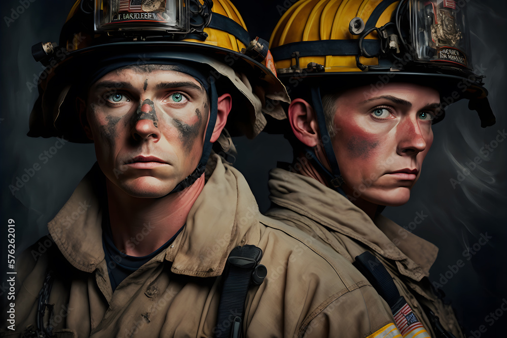 Portrait of firefighters dirty faces in special helmets and ...