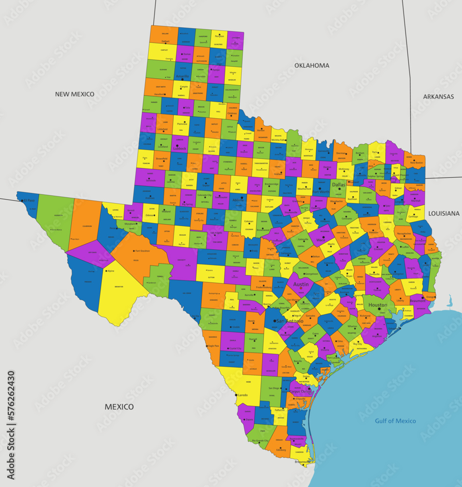 Colorful Texas political map with clearly labeled, separated layers ...