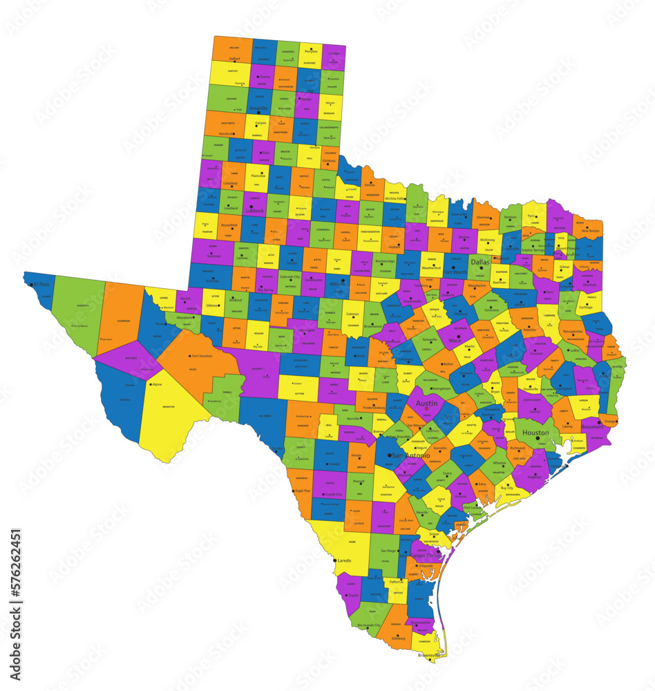 Colorful Texas political map with clearly labeled, separated layers ...