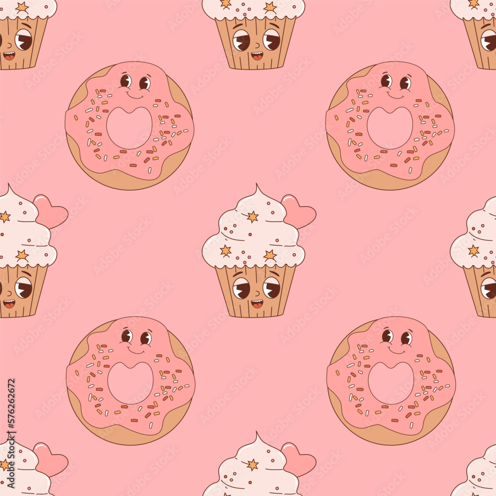 Poster Seamless pattern with cute pastry characters – Tableau | Europosters