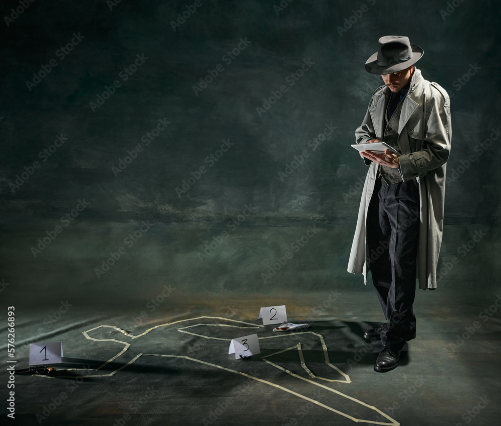 Portrait of man, detective in trench coat standing near human drawn ...