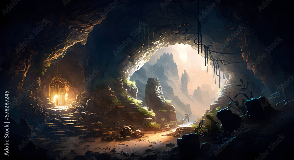 the grand cave treasure inside, treasure chest is opening with golden ...