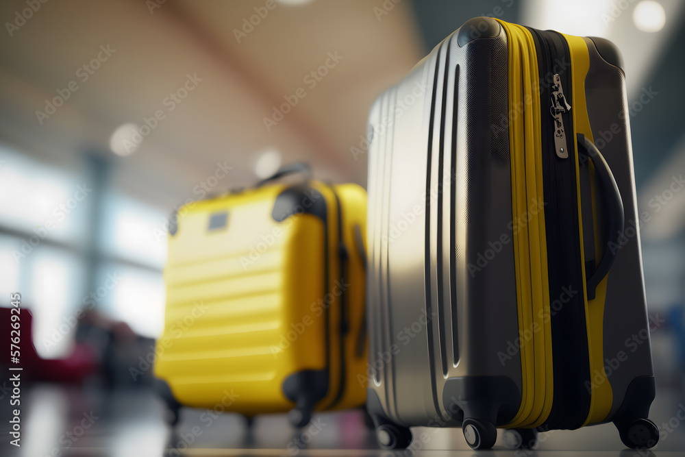 Baggage bags in blurred typical airport interior, copy space with ...