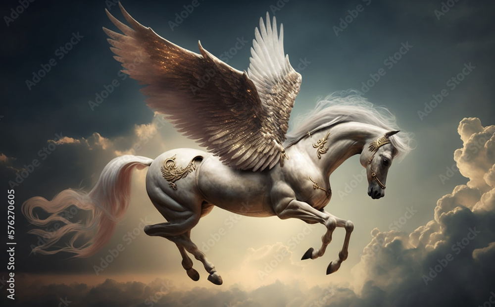 pegasus, a mythological animal, a horse with wings, gallops against the ...