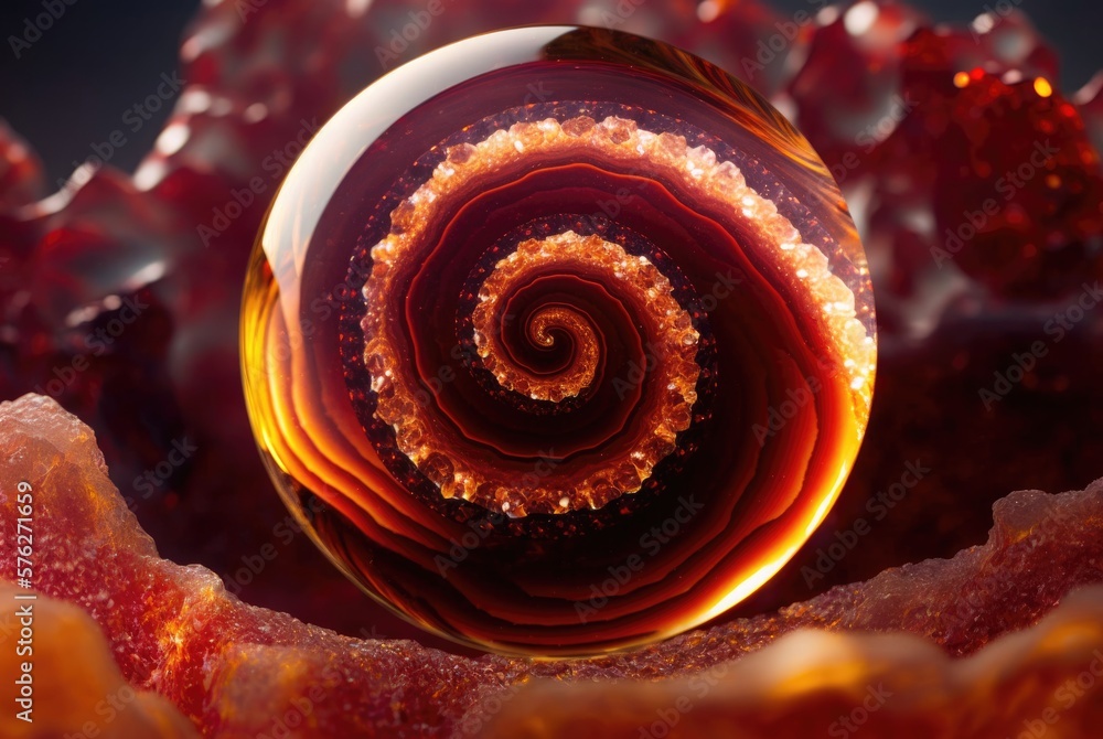 Shiny polished intense red ruby crystal ball with spiral marble pattern ...