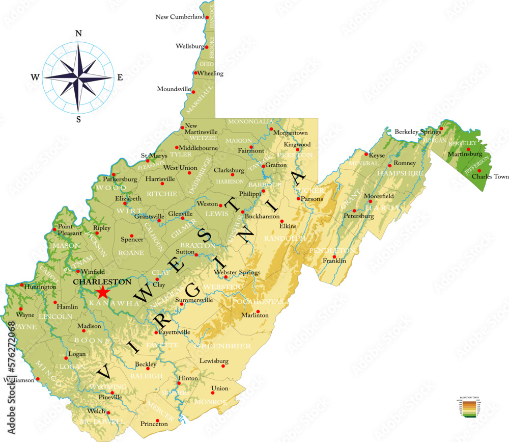 Photo & Art Print West Virginia highly detailed physical map, bogdanserban