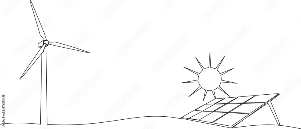 Vetor de continuous single line drawing of solar energy and wind power ...