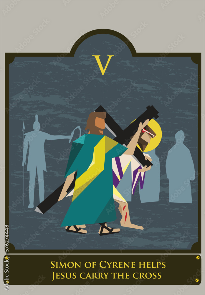 5th station. The Way of the Cross or via Crucis. Traditional Version. Simon of Cyrene helps ...