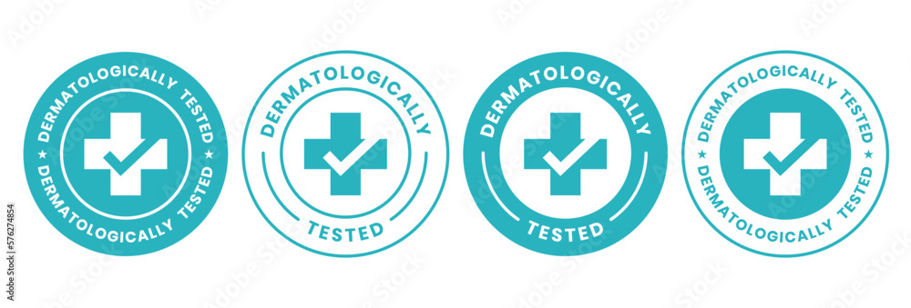 Set dermatologically tested vector label with water drop, leaf and hand ...