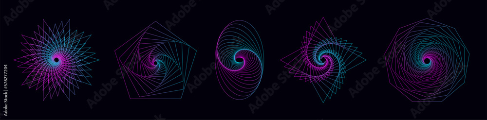 Vector set spirograph figures. Colored abstract tunnel. Wireframe twisted spirals. Sacred ...