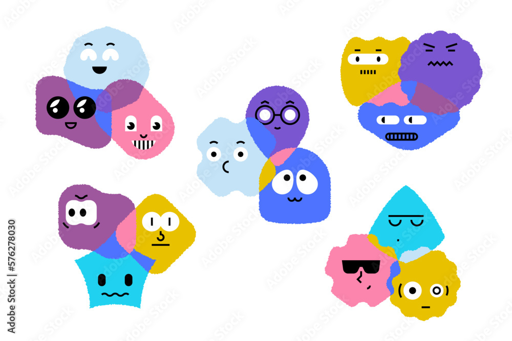 Abstract geometric characters groups. Comic faces various emotions ...