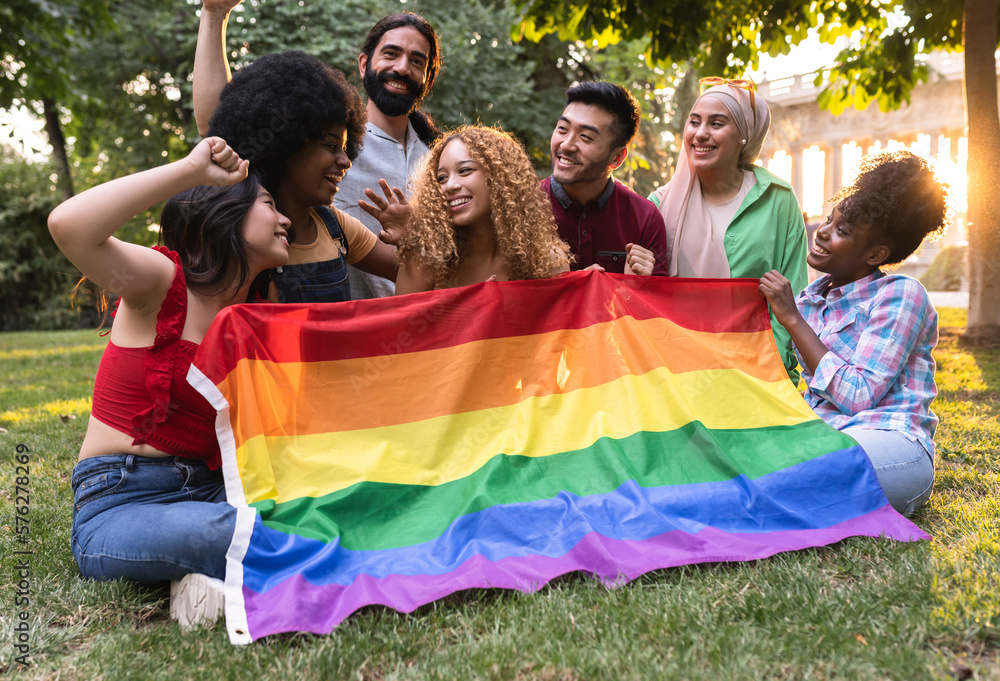Diverse young friends celebrating gay pride festival - LGBTQ community ...