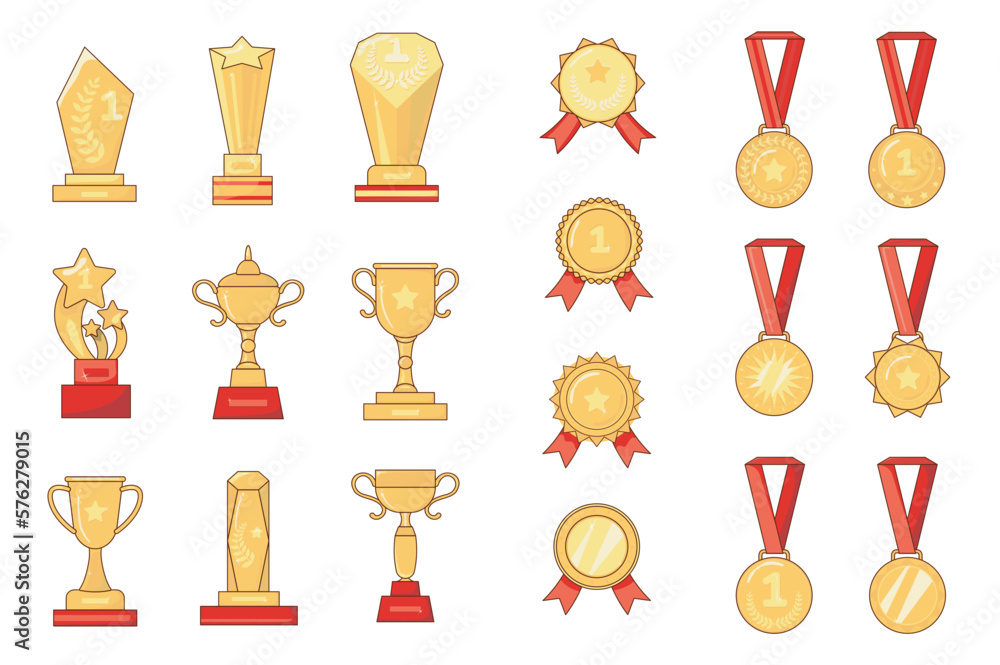 Awards set graphic elements in flat design. Bundle of gold cups, reward ...