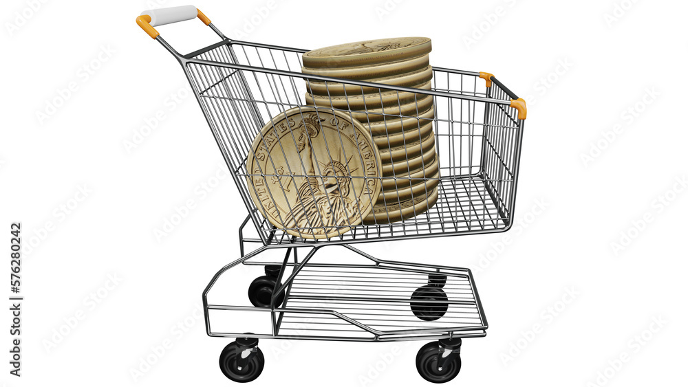Shopping cart full of money, coins on a transparent PNG background ...
