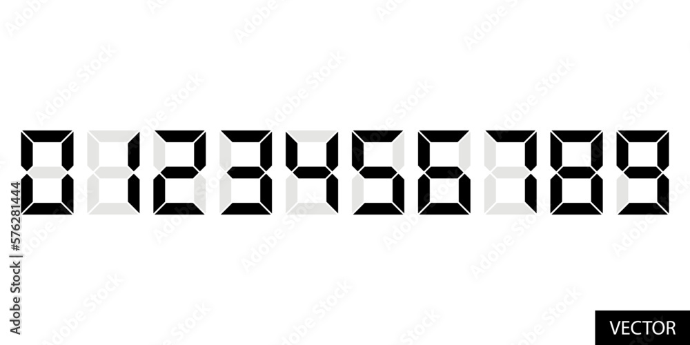 Zero to Nine digital electronic clock numbers set. Black and White LCD ...