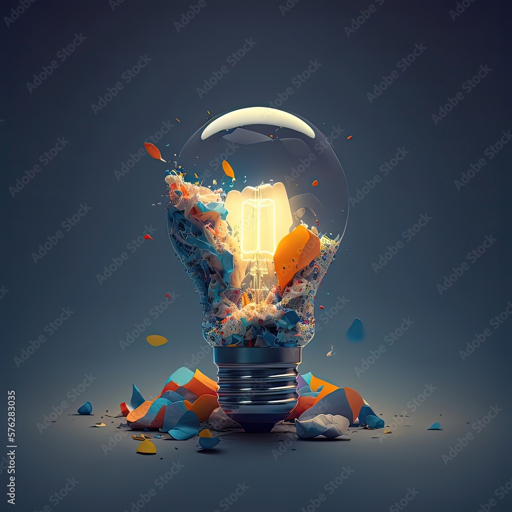 Cracked light bulb with a liquid cap in a modern style on a dark ...