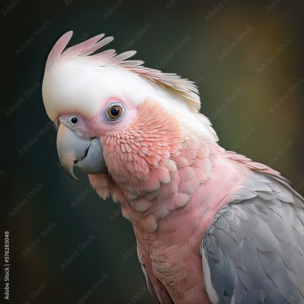 Portrait of a pink parrot on a black background. Domestic exotic ...