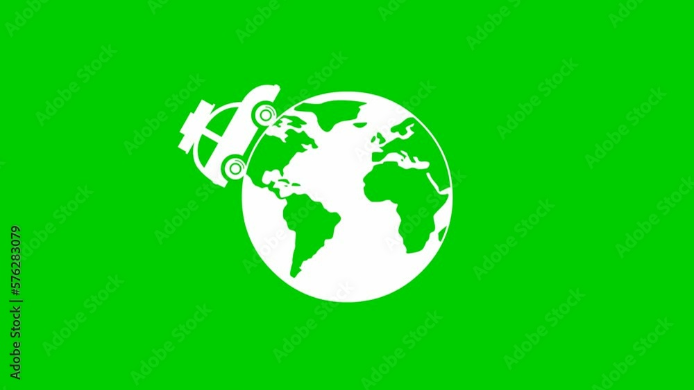 Animated car drives around the planet. white vintage car with baggage ...