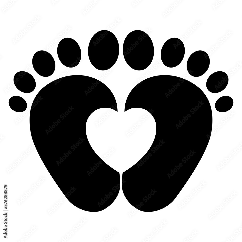 Silueta aislada de huellas de pies infantiles con corazón en espacio ...