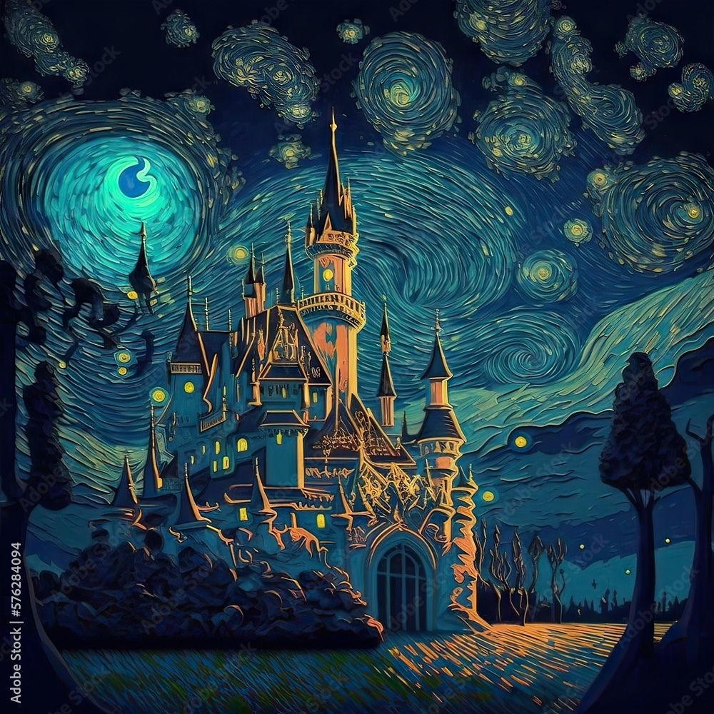 Hogwarts castle at night, realistic looking detailed castle Gogh’s ...