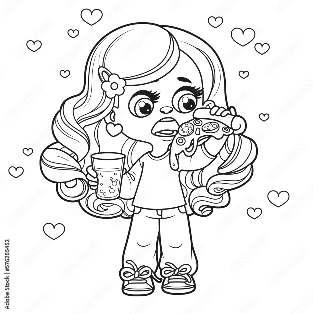 Cute cartoon longhaired girl with pizza and drink in a glass in hands ...