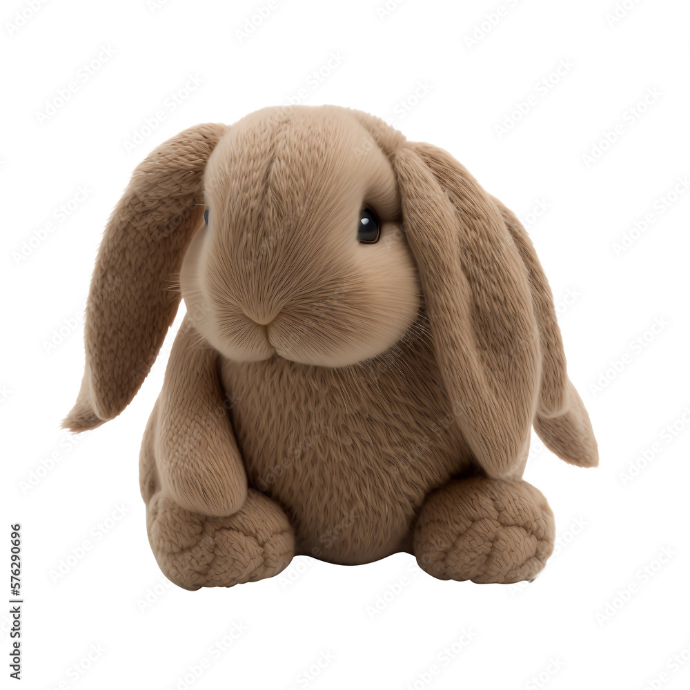 Isolated brown fluffy rabbit plush toy. Close-up, front-facing portrait ...