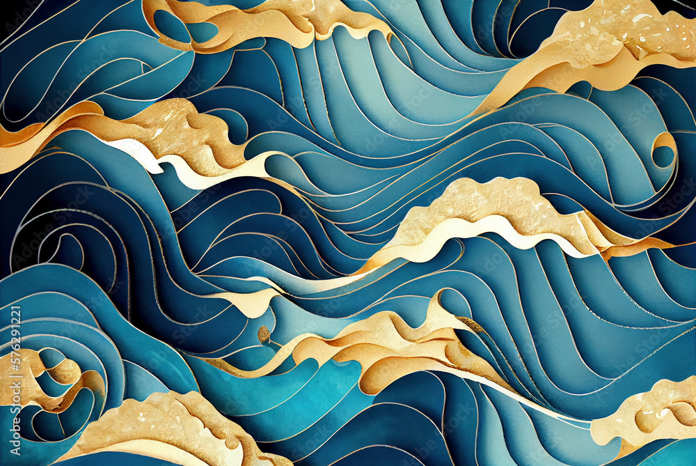 Sea waves pattern abstract background, blue and gold volumetric waves ...