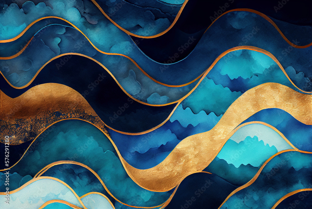 Sea waves pattern abstract background, blue and gold waves texture ...