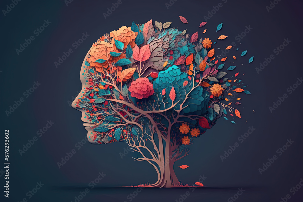 Human face tree with flowers, self care and mental health concept ...
