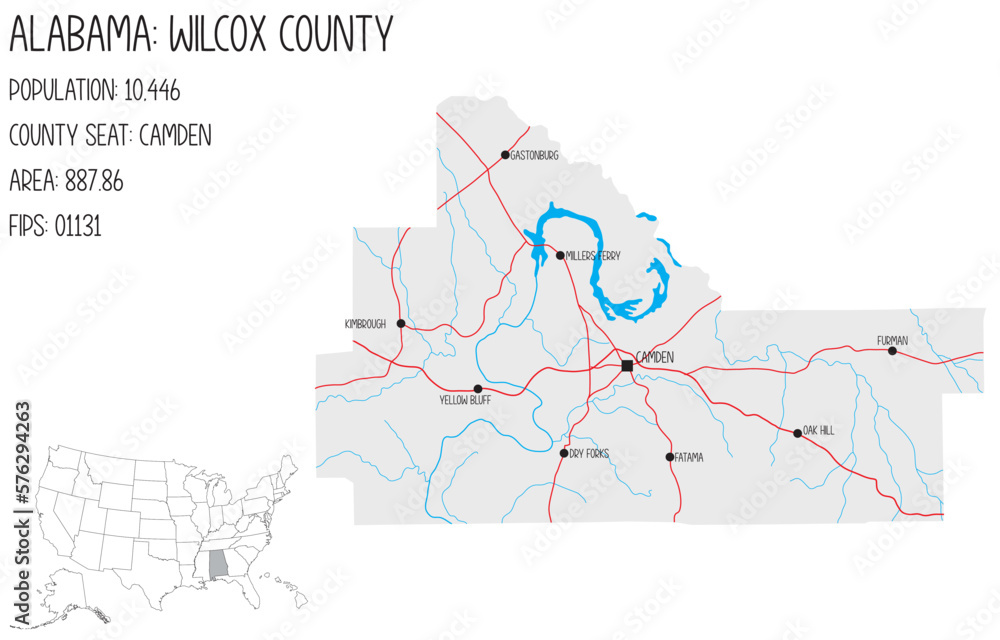 Large and detailed map of Wilcox county in Alabama, USA. Stock Vector ...