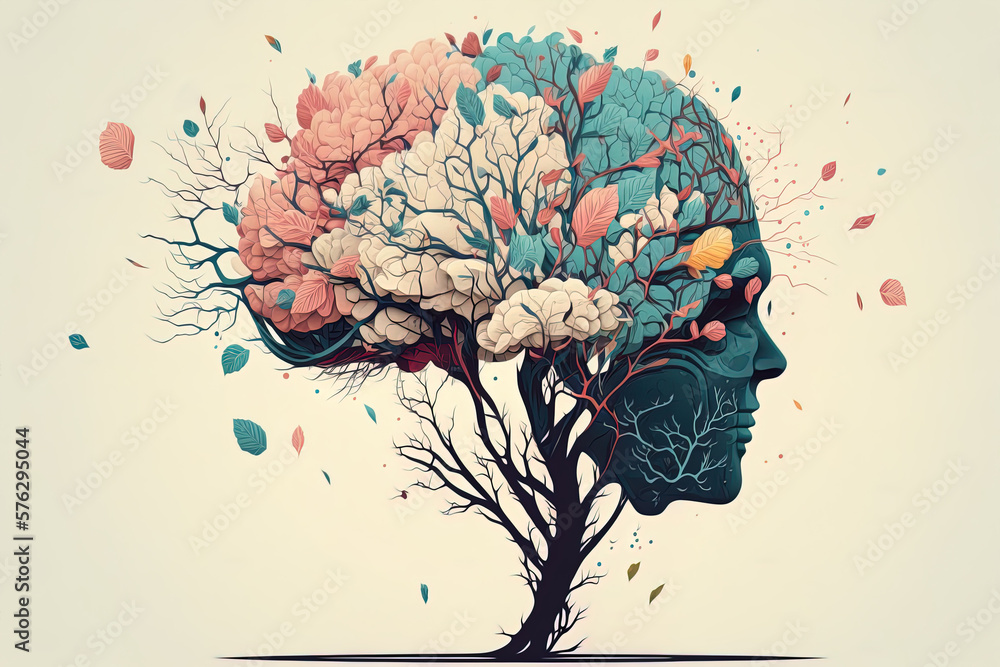 Human face tree with flowers, self care and mental health concept ...