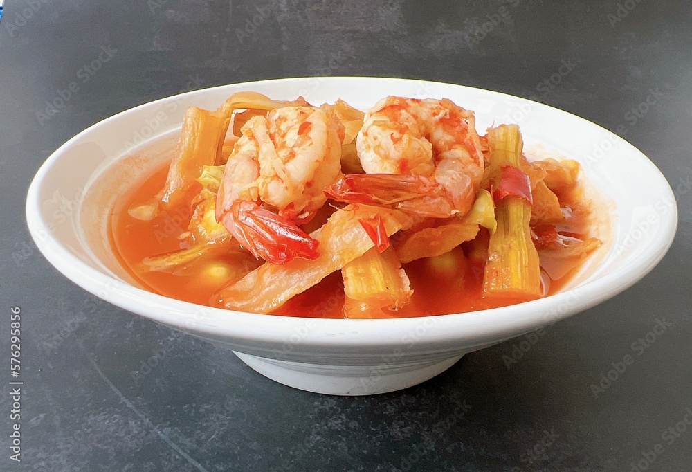 Top view Thai Moringa curry with shrimp, hot and sour flavour. (Kaeng ...
