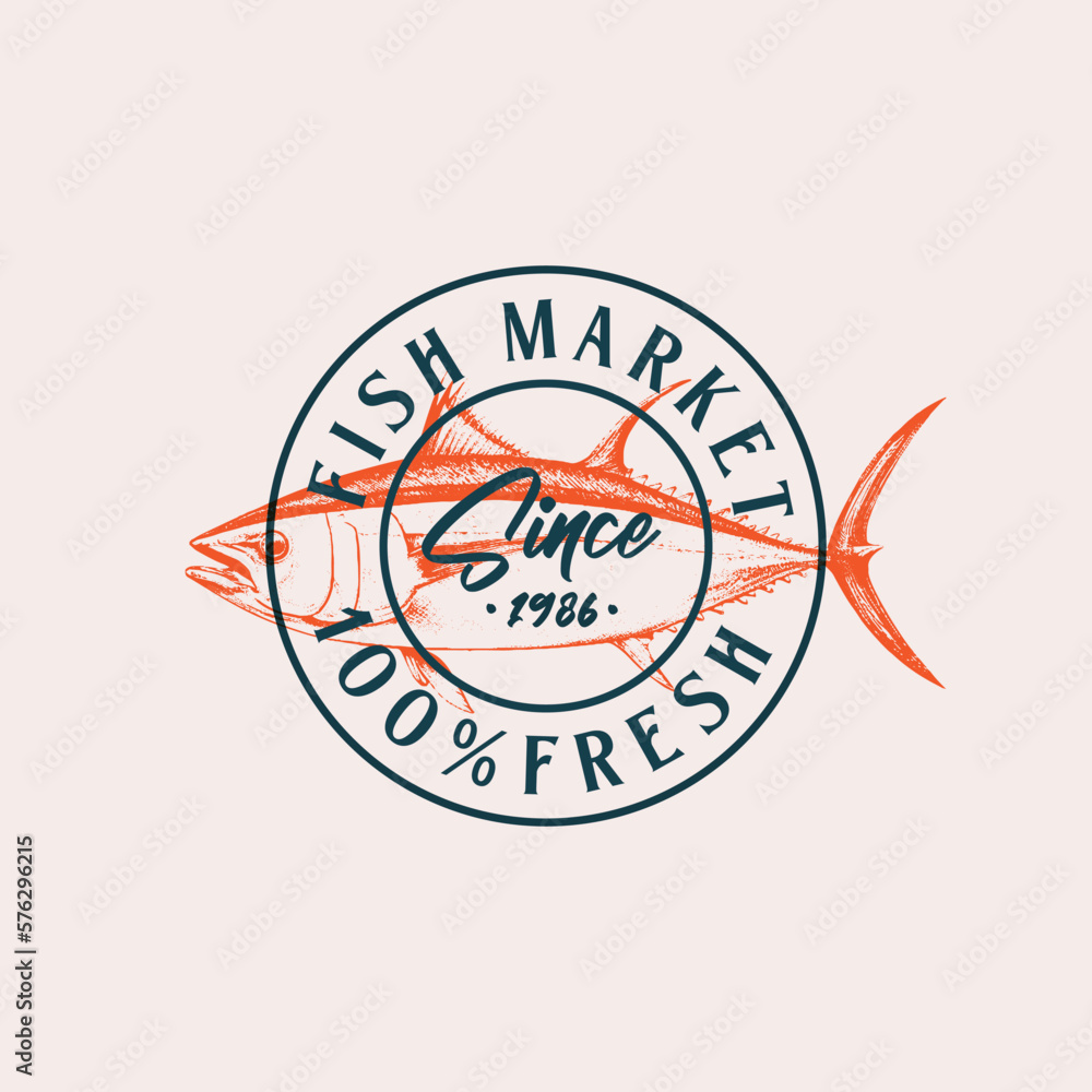 Fish, seafood. Vintage icon fish label, logo, print sticker for Meat ...
