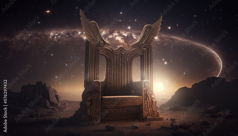 ancient throne under starfield and galaxy sky at night time, dreamy sci ...