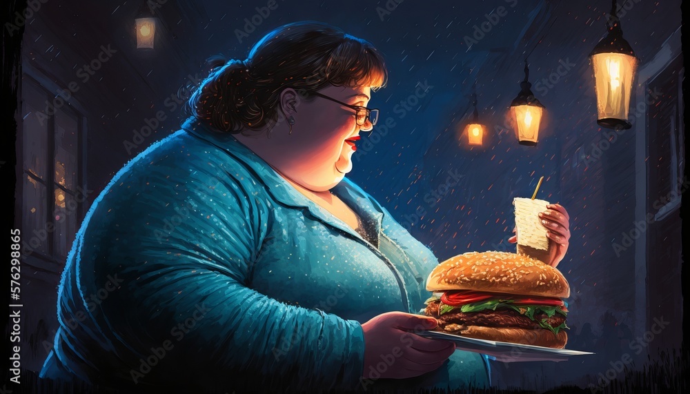 Fat woman eating hamburger at night. The concept of fast food ...
