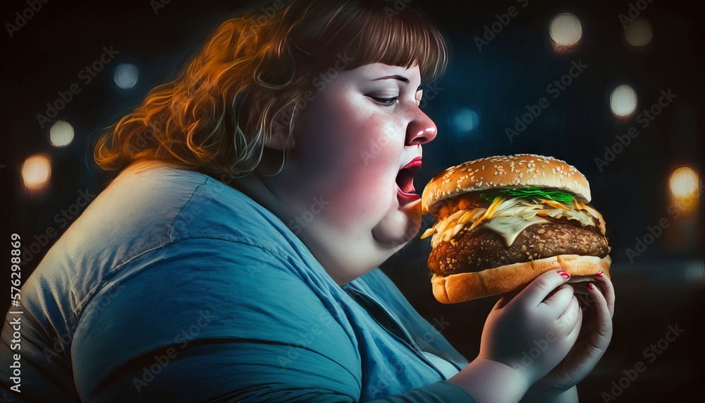 Fat woman eating a hamburger at night. Concept of fast food. Generative ...
