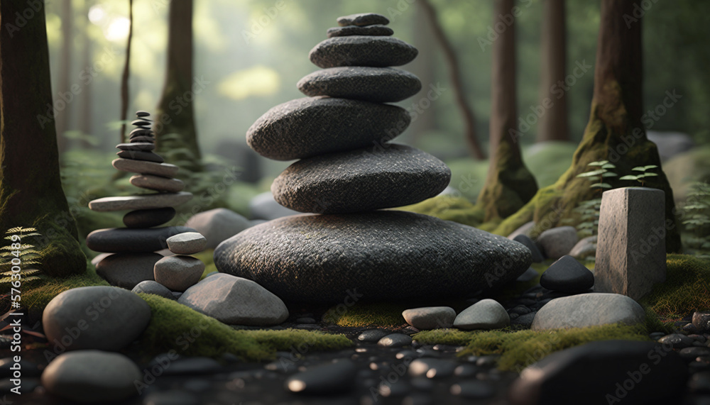 Zen pebbles stand tall, balanced and weathered. Tranquil, deliberate ...