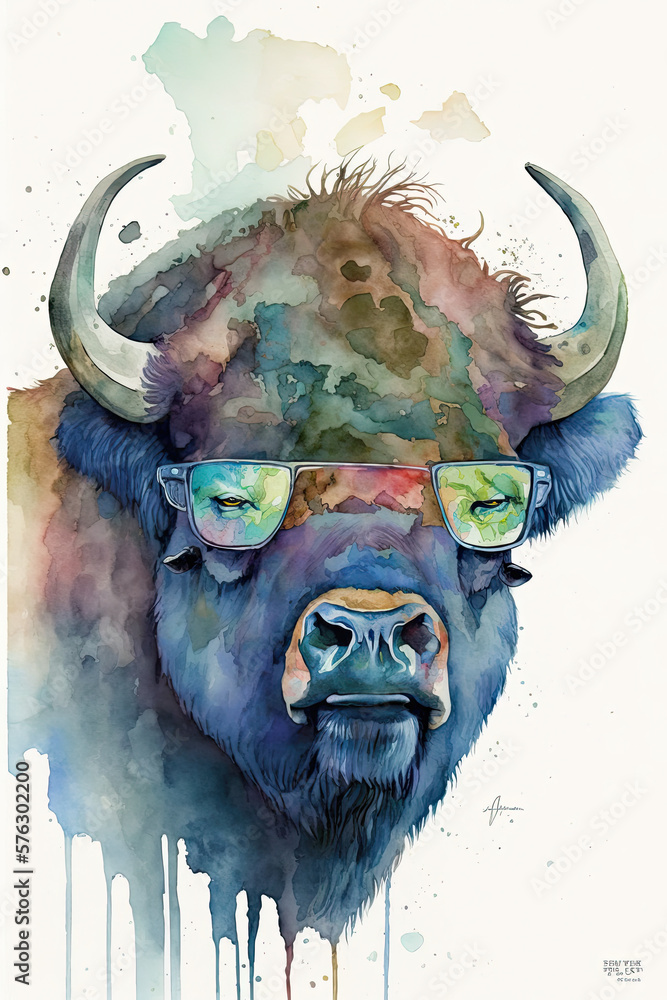 Bison wearing sunglasses, Psychedelic Illustration. Generative AI Stock ...