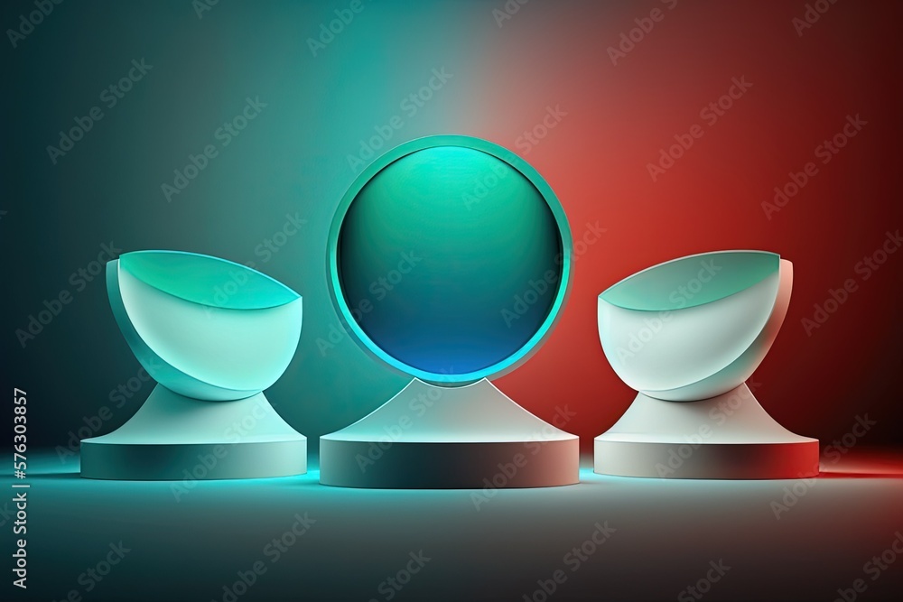 Three empty blue half sphere podiums afloat in front of a vivid ...