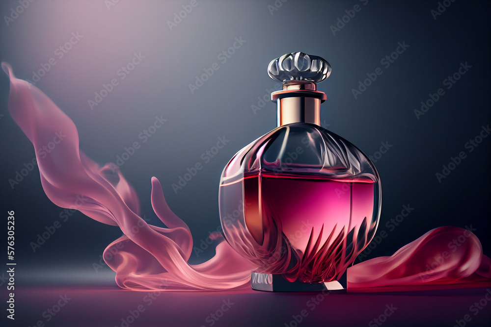 Perfume bottle and pink smoke and Dark liquid background, (Created with ...
