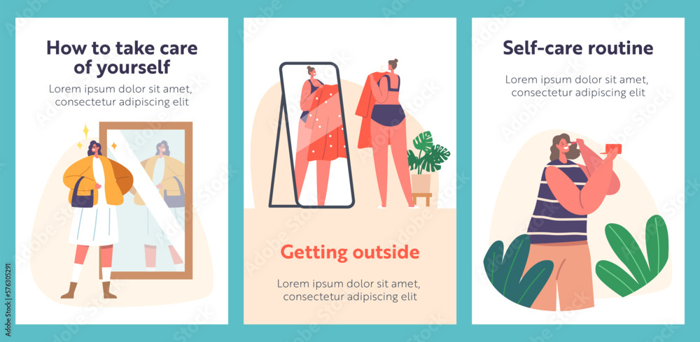 Women Daily Self-care Routine Cartoon Banners. Young Female Characters ...