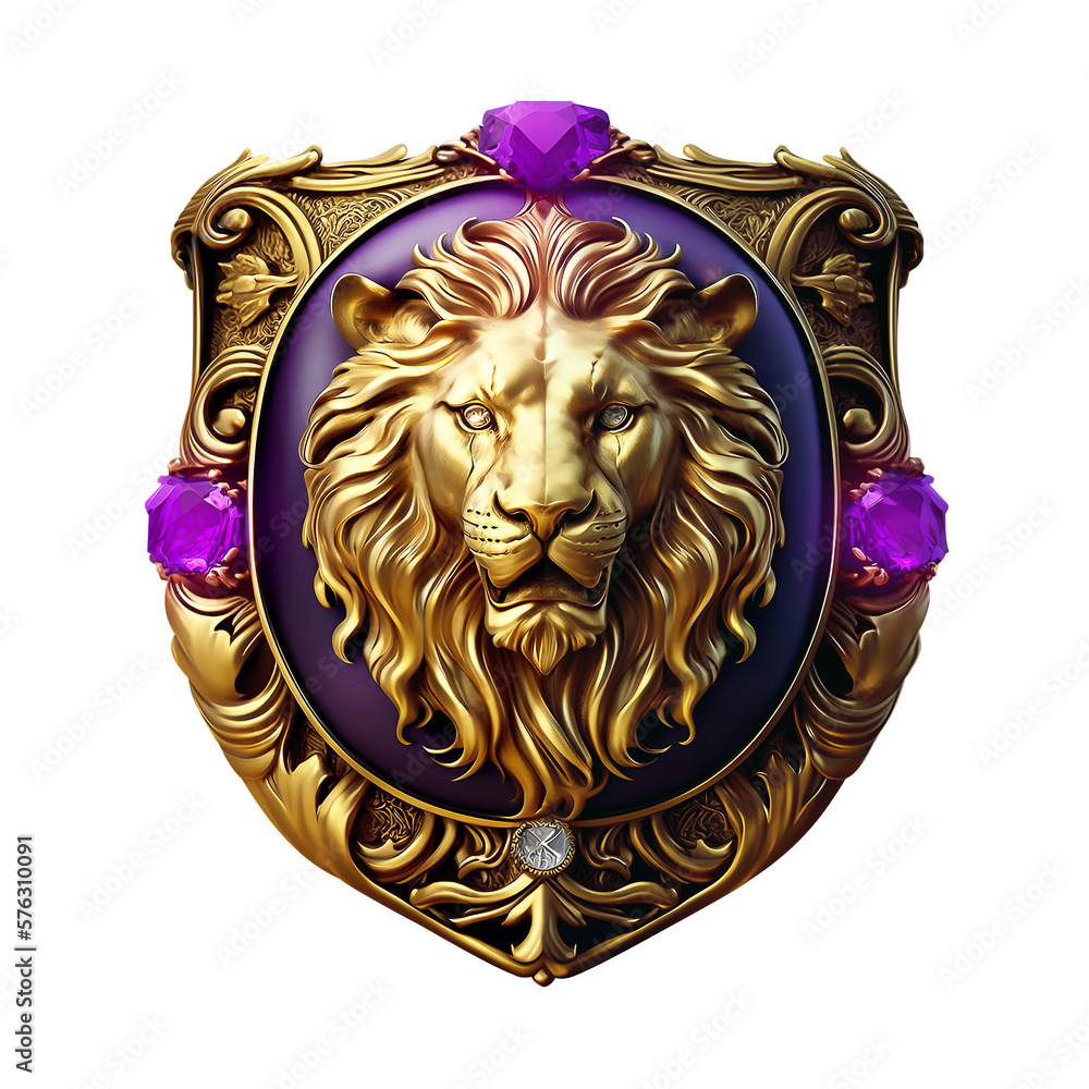 A Silver and gold metal Lion head metal emblem. 3D style Lion metal ...
