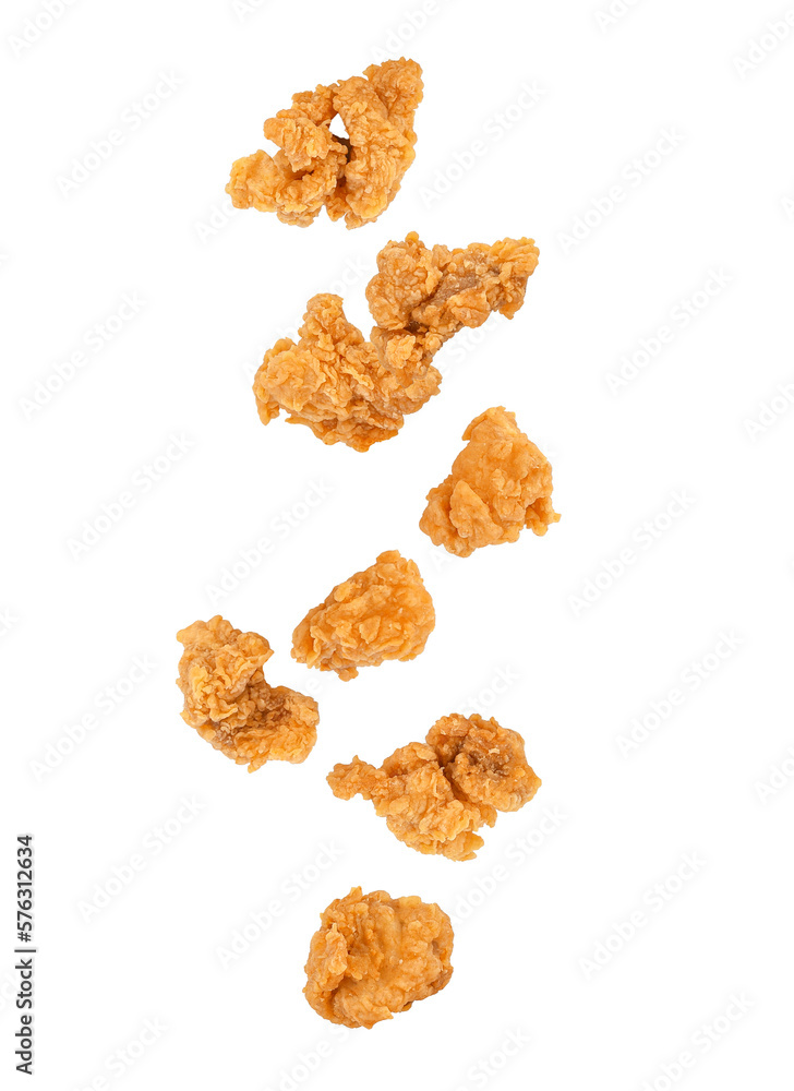 Fried popcorn chicken falling in the air isolated on transparent ...
