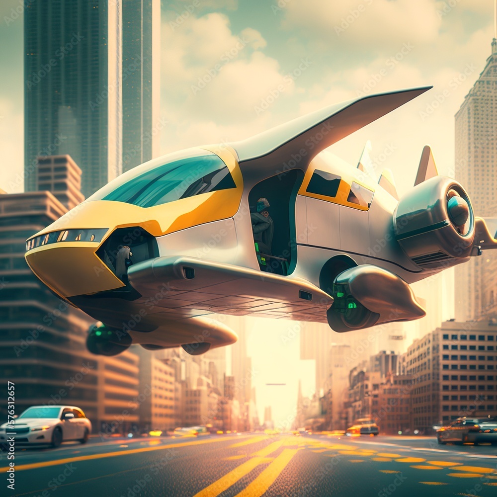 small passenger plane in the city, futuristic modern fly wings asphalt ...