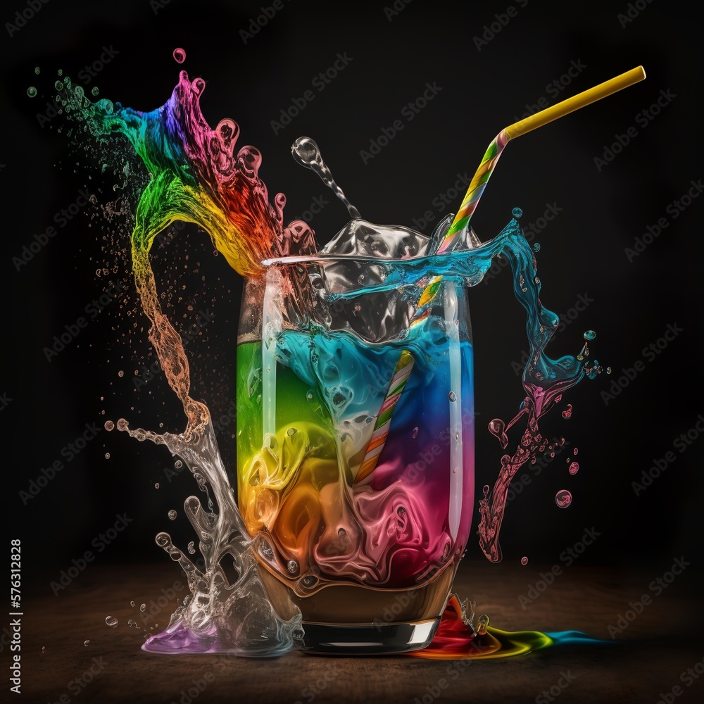 a colorful drink with a rainbow splash on the side and a straw in the ...